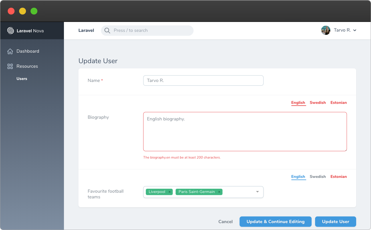 Astrotomic Laravel Translatable Field - Nova Packages
